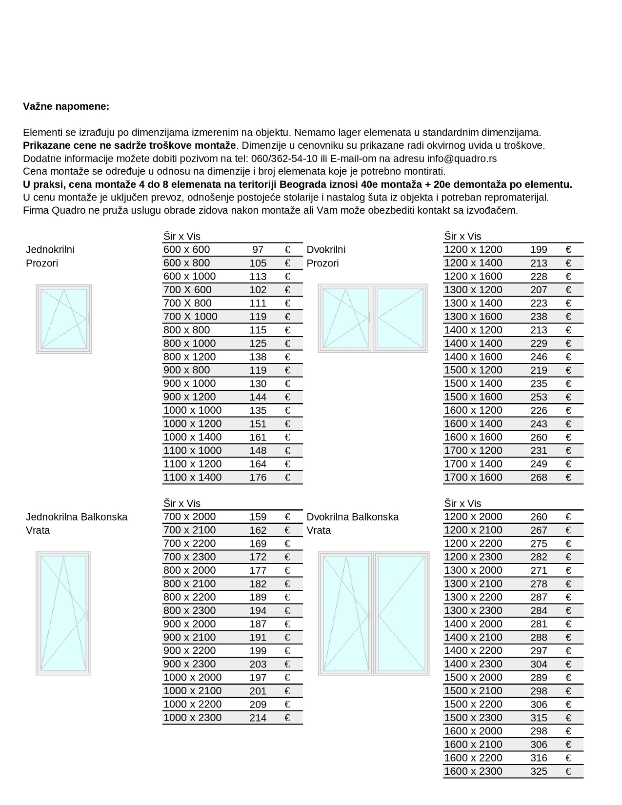 Cenovnik Standard Pvc Sistema - Quadro Pvc I Alu Stolarija